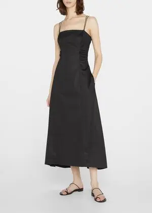FRAME Side-Ruched Tie-Back Midi Dress - Noir