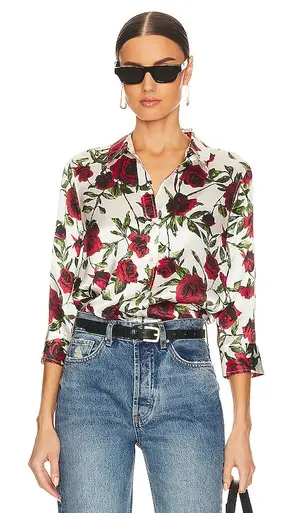 L'Agence Dani Blouse In Ivory - Ivory & Red Rose Stem