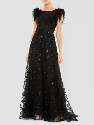 Mac Duggal Feathered A-line Gown - Black