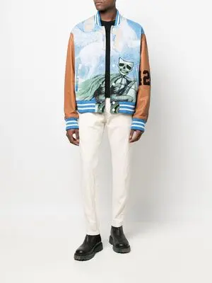 424 Jacquard-print Leather-sleeve Bomber Jacket - Blue