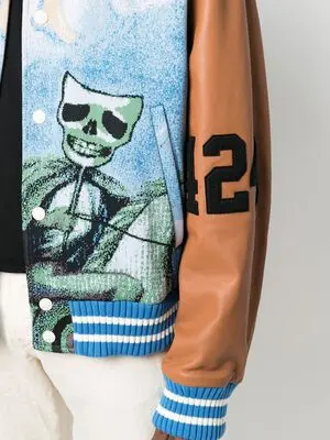 424 Jacquard-print Leather-sleeve Bomber Jacket - Blue