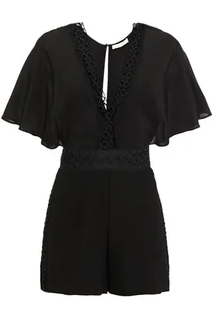 Maje Lace-trimmed Twill And Silk Crepe De Chine Playsuit - Black