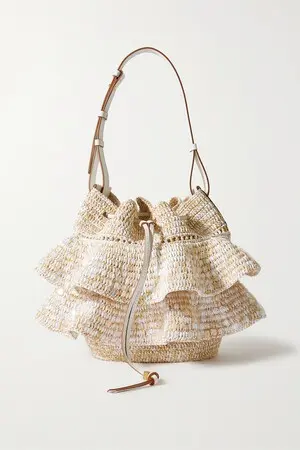 Loewe Paula's Ibiza Balloon Ruffled Leather-trimmed Sequined Raffia Bucket Bag