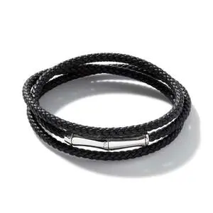 John Hardy Sterling Silver And Braided Leather Triple Wrap Bracelet