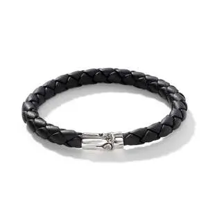 John Hardy Braided Leather Bamboo Station Bracelet In Sterling