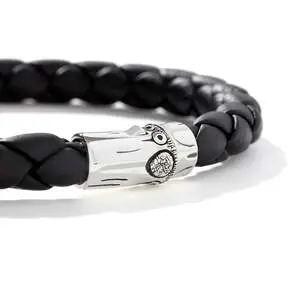 John Hardy Braided Leather Bamboo Station Bracelet In Sterling