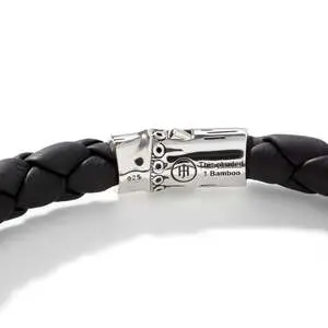 John Hardy Braided Leather Bamboo Station Bracelet In Sterling