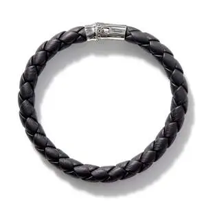 John Hardy Braided Leather Bamboo Station Bracelet In Sterling