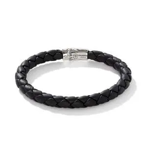 John Hardy Braided Leather Bamboo Station Bracelet In Sterling