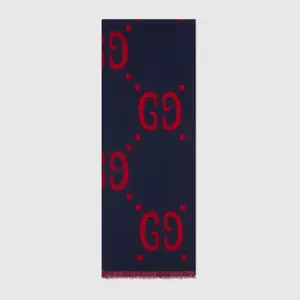 Gucci Gg Jacquard Wool Silk Scarf, Beige Blue