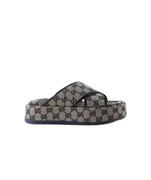 Gucci Angelina Leather-trimmed Logo-jacquard Coated-canvas Platform Slides