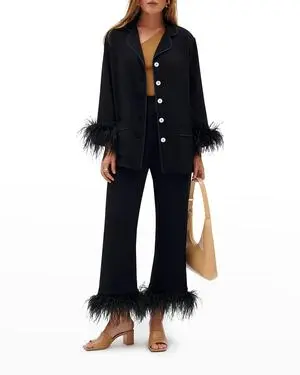 Sleeper Party Pajama Set With Double Feather Trim - Black