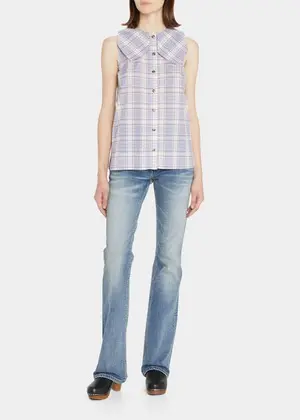 GANNI Seersucker Checked Sleeveless Button-Front Shirt Check Persian Vio