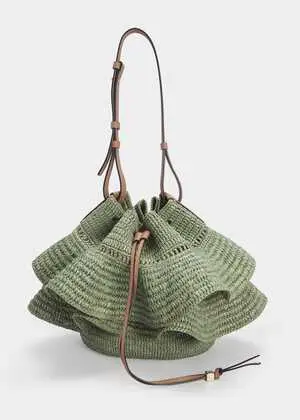 Loewe X Paula's Ibiza Balloon Ruffled Raffia Shoulder Bag - Green/tan