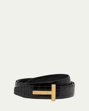 TOM FORD T Buckle Croc-embossed Belt - Black