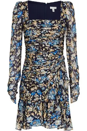 MONIQUE LHUILLIER ML Monique Lhuillier Ruched Floral-Print Metallic Fil Coupé Mini Dress