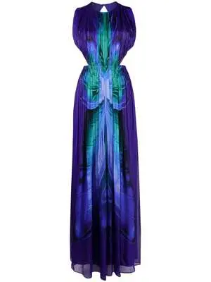 Alberta Ferretti Pleated Butterfly Print Gown - Blue