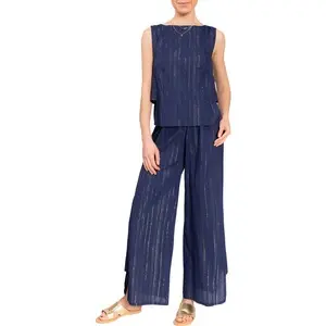 EVERYDAY RITUAL Piper Metallic Stripe Cotton Pajamas - Midnight Shimmer