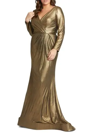 Mac Duggal Metallic Long Sleeve Faux Wrap Gown Bronze-2