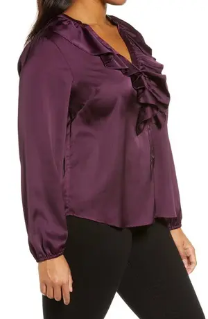1.State Ruffle Neck Button-front Blouse - Deep Plum