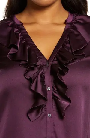 1.State Ruffle Neck Button-front Blouse - Deep Plum