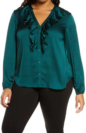 1.State 1.STATE Ruffle Neck Button-Front Blouse Green Forest