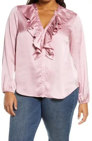 1.State 1.STATE Ruffle Neck Button-Front Blouse Rose Pink