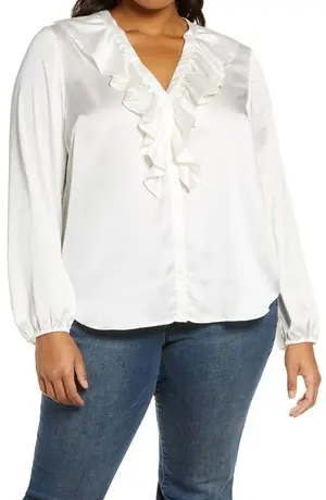 1.State 1.STATE Ruffle Neck Button-Front Blouse Soft Ecru