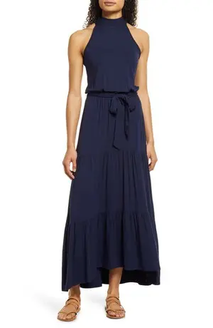 Loveappella Tiered Halter Maxi Dress - Navy
