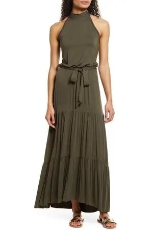 Loveappella Tiered Halter Maxi Dress - Olive