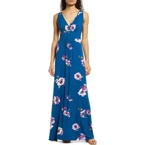 Loveappella Floral Empire Waist Maxi Dress - Teal