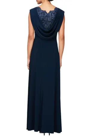 Alex Evenings Sequin Floral Bodice Cowl Back Gown