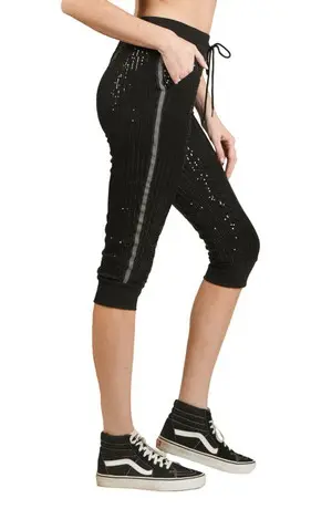 NIKKI LUND Sequin Side Stripe Capri Pants - Black