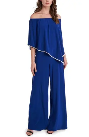 Chaus Overlay Off The Shoulder Jumpsuit - Goddess Blue