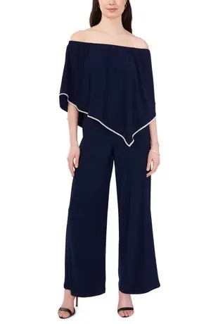 Chaus Chaus Overlay Off The Shoulder Jumpsuit Navy Blue