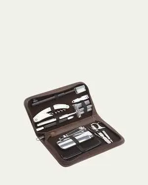 ROYCE NEW YORK Monogrammed Leather Travel Grooming Toiletry Kit, Personalized Brown