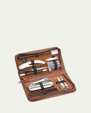ROYCE NEW YORK Monogrammed Leather Travel Grooming Toiletry Kit, Personalized Tan