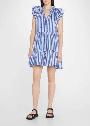 Veronica Beard Zee Striped Flutter Sleeve Ruffle Tiered Mini Dress - Cobalt Multi