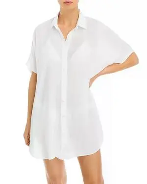 Aqua Swim Button-down Swim Cover Up Tunic Exclusive - White