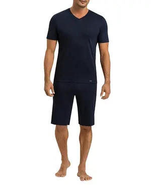 Hanro Night Selection Mercerized Cotton V Neck Pajama Tee & Pajama Shorts Set - Deep Navy