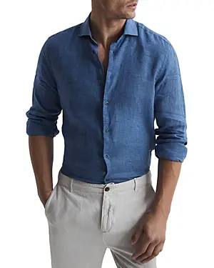 REISS Ruban Long Sleeve Linen Shirt Soft Blue