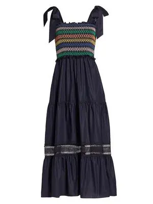EN SAISON Women's Shay Smocked Tiered Midi-Dress - Navy Multi  - Navy