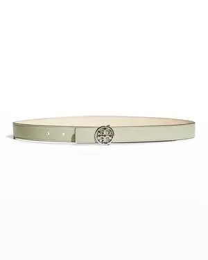 Tory Burch Miller Logo Leather Skinny Belt Pine Frost