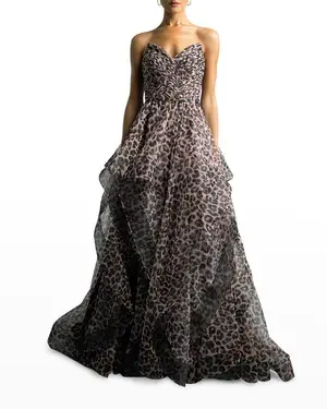 Basix Black Label Strapless Leopard-Print Gown In Brown / Black - 75% Off