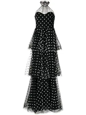 Marchesa Heart Print Tiered Maxi Gown - Black