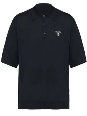 Prada Logo-Embroidered Silk Polo Shirt - Black | Editorialist