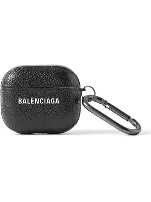 Balenciaga Logo-Print Full-Grain Leather Airpods Pro Case - Black
