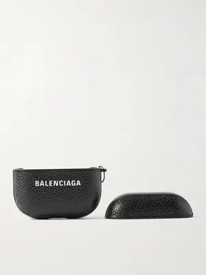 Balenciaga Logo-Print Full-Grain Leather Airpods Pro Case - Black