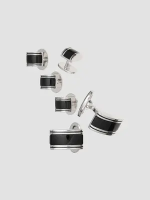 JAN LESLIE Linear Etch Rectangular Cufflinks & Tuxedo Studs Set - Silver