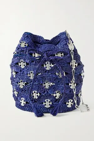 Rabanne Embellished Raffia Bucket Bag Blue